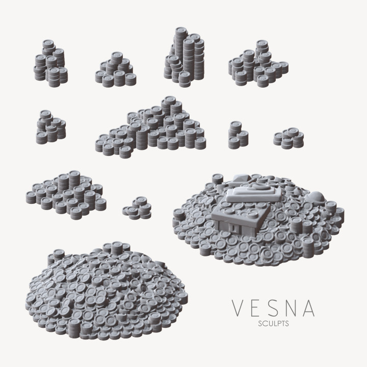 3D Printable TREASURES AND RICHES (CHESTS AND GOLD PILES) by VESNA SCULPTS