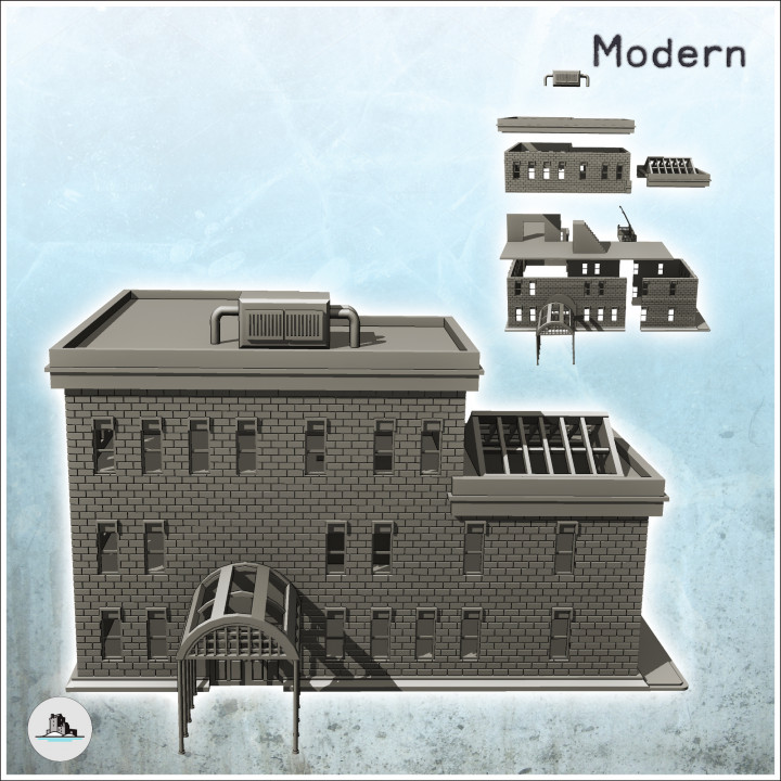 3D Printable Large brick administration building with wide terrace (5 ...