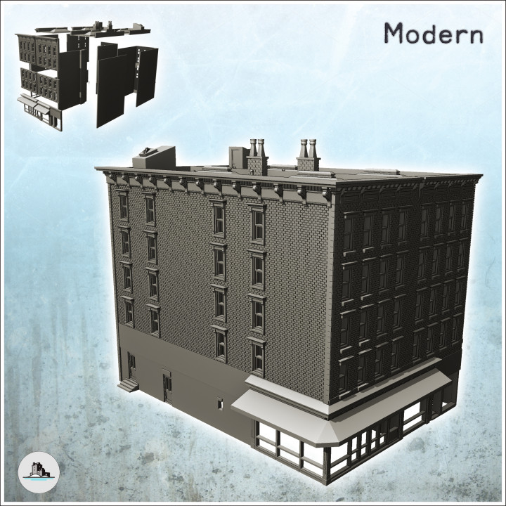 3D Printable Large modern corner building with store with canopies and ...
