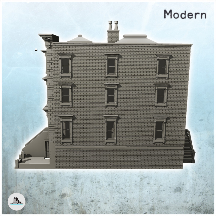 3D Printable Modern brick building with chimney and staircase to the ...