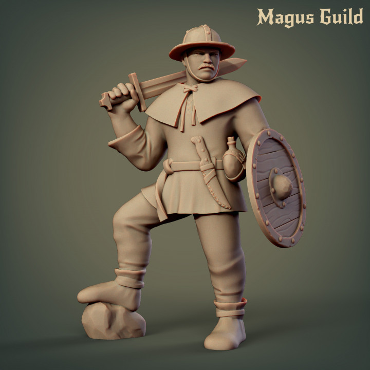 3D Printable Armed Farmer (sword, helmet, shield) – MG7.1 by Magus Guild
