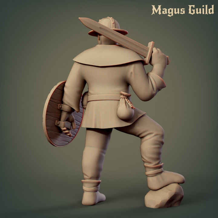 3D Printable Armed Farmer (sword, helmet, shield) – MG7.1 by Magus Guild