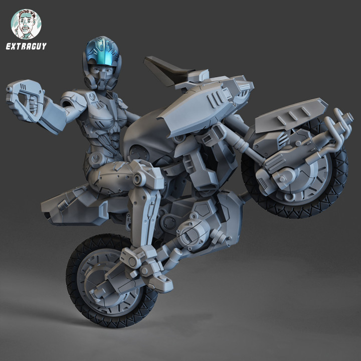 3D Printable Scifi Rider+Bike+Mech 32mm by Extra Guy