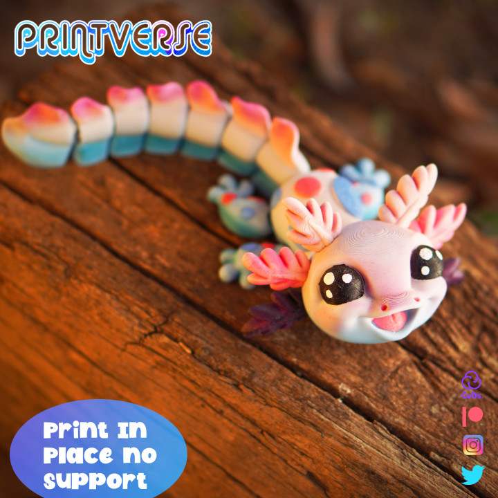 3D Printable Flexy Print In Place Cute Baby Axolotl by Printverse