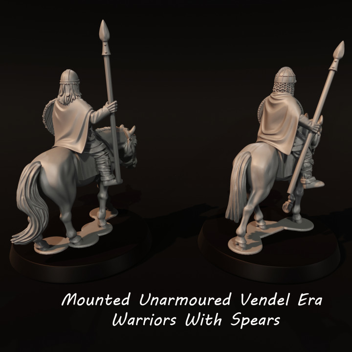 3D Printable Mounted Unarmoured Vendel Era Warriors With Spears by Medbury Miniatures