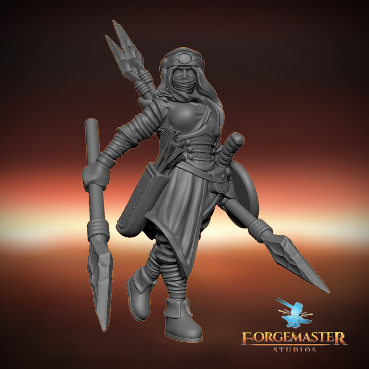 3D Printable Female Desert Spearman - Pikemaiden Initiate Spear Pose 01 by Forgemaster Studios