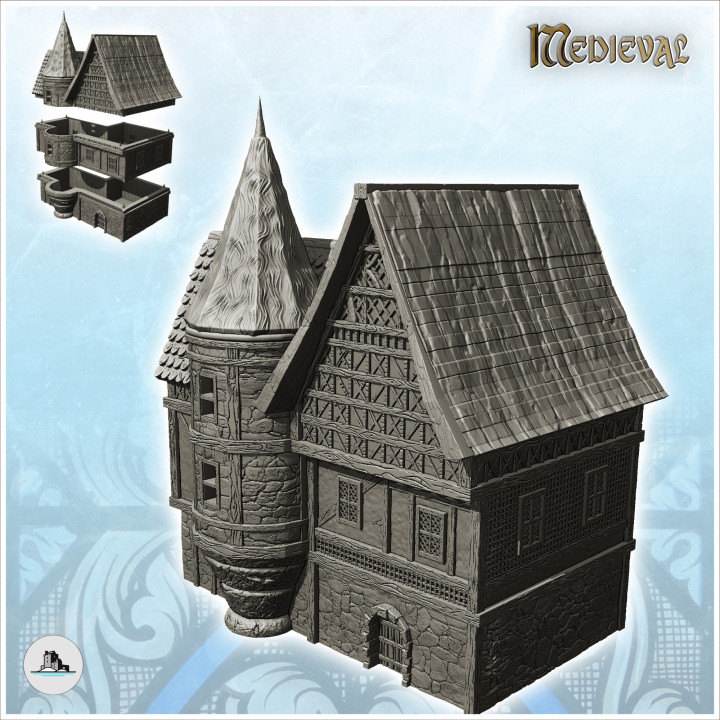 3D Printable Large medieval house with tiled roof, fireplace and large ...