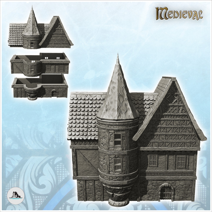 3D Printable Large medieval house with tiled roof, fireplace and large ...