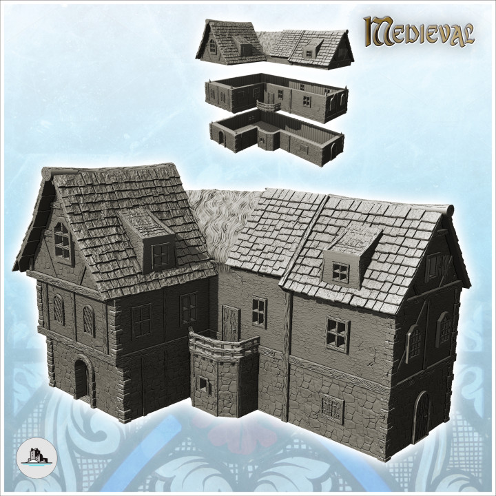 3D Printable Medieval house with balcony and mixed thatch and slate ...