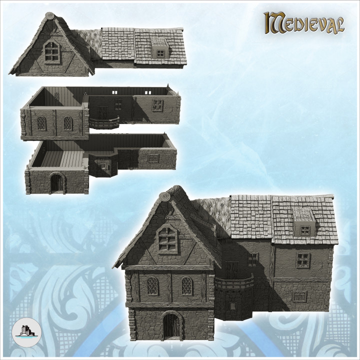 3D Printable Medieval house with balcony and mixed thatch and slate ...