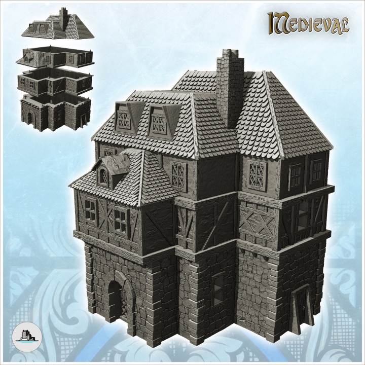 3D Printable Medieval house with large roof and pointed centerpiece (24 ...