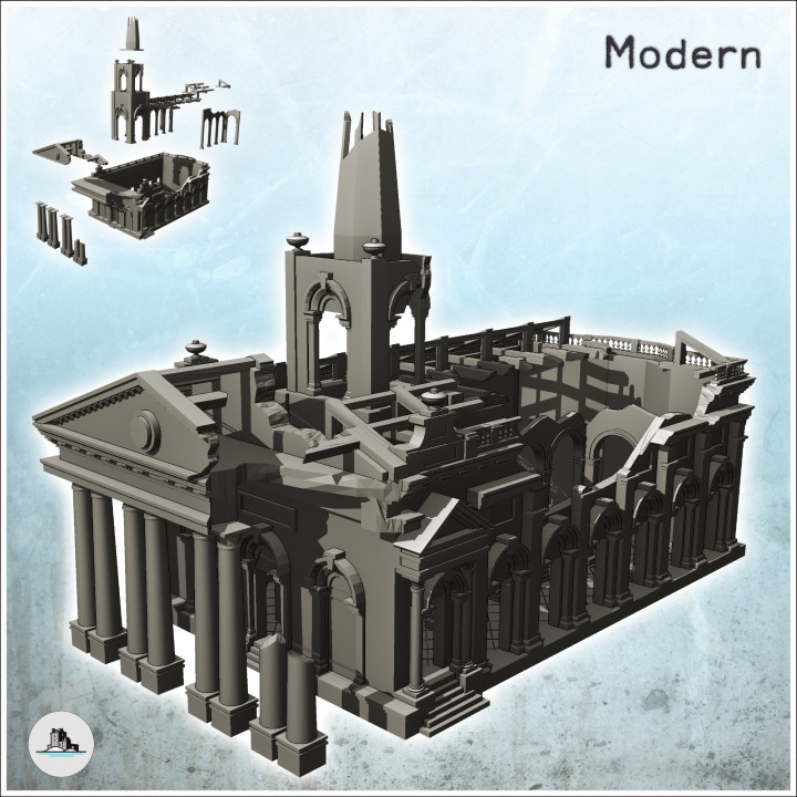 3D Printable Ruined neo-classical public administration building with ...