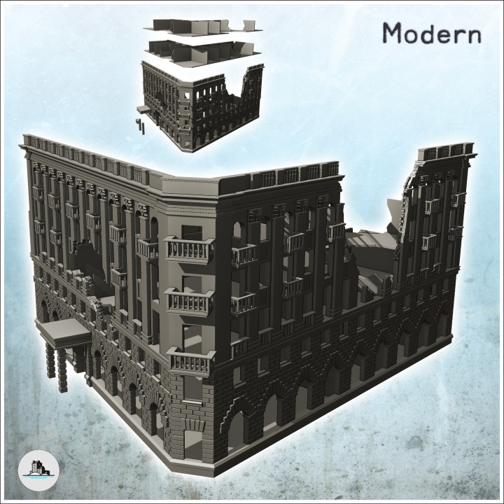 3D Printable Large ruined urban building with multiple floors and ...