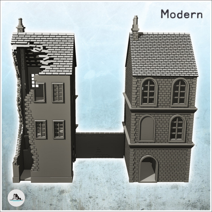 3D Printable Set of two ruined two-storey buildings with low partition ...