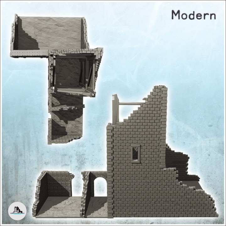 3D Printable Ruined building with large tower with wooden frame and ...