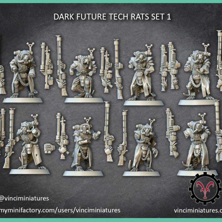 3D Printable DARK FUTURE TECH RATS SET 1 by vinciminiatures