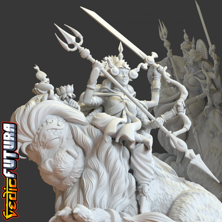 3D Printable Durga with Battle-Mount Dawon the Lion by VedicFutura