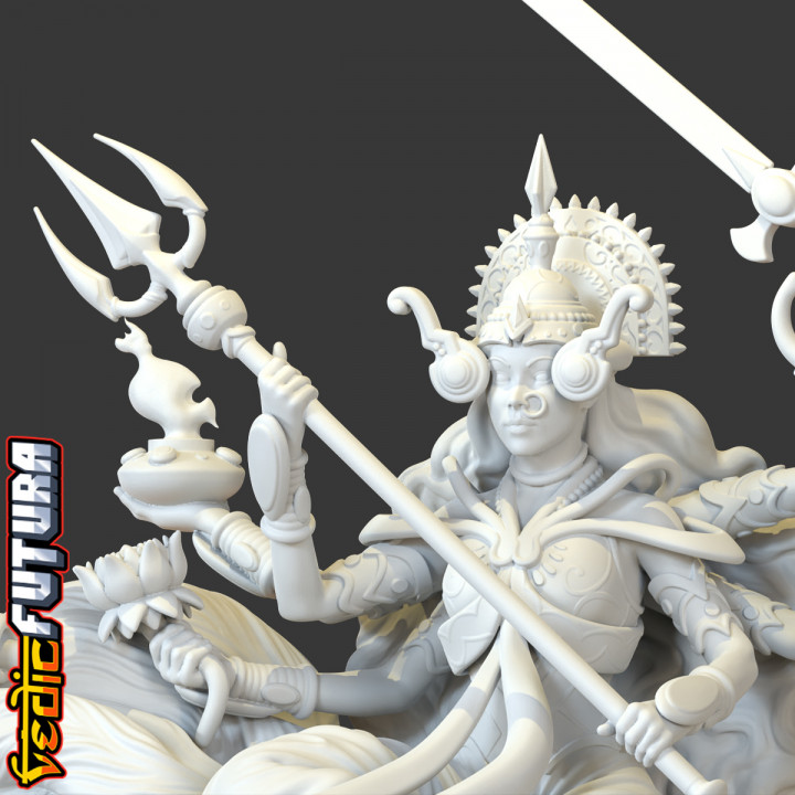 3D Printable Durga with Battle-Mount Dawon the Lion by VedicFutura