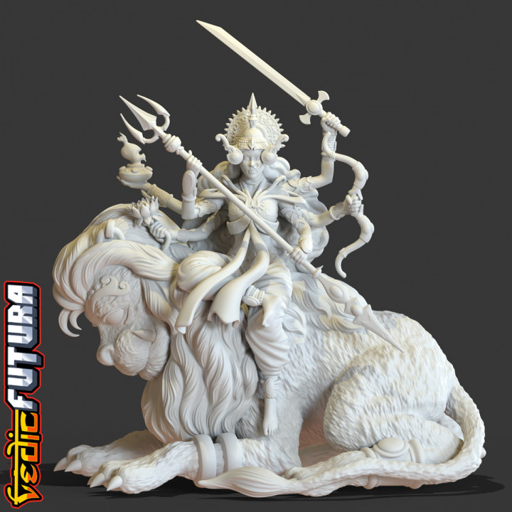 3D Printable Durga with Battle-Mount Dawon the Lion by VedicFutura