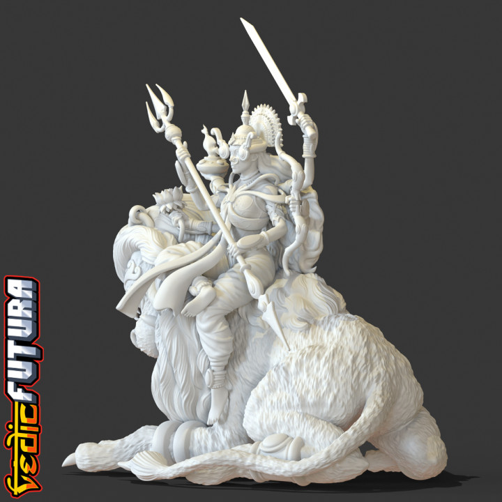 3D Printable Durga with Battle-Mount Dawon the Lion by VedicFutura