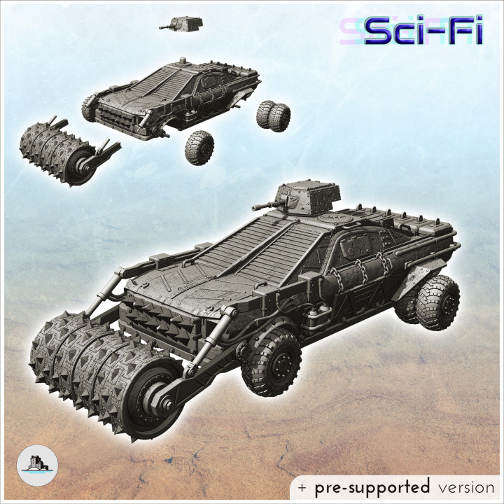 3D Printable Post-apocalyptic car with armed turret and spiked rollers ...