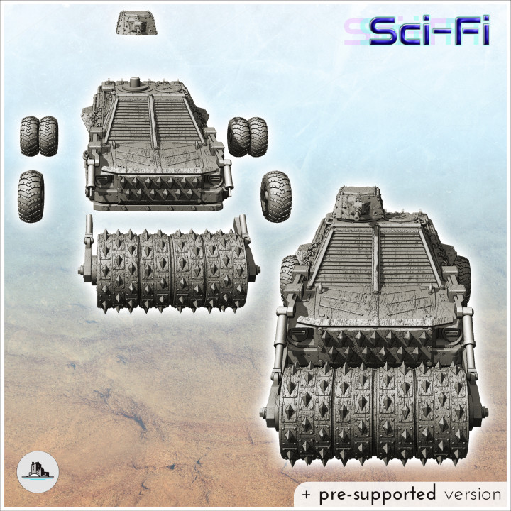 3D Printable Post-apocalyptic car with armed turret and spiked rollers ...