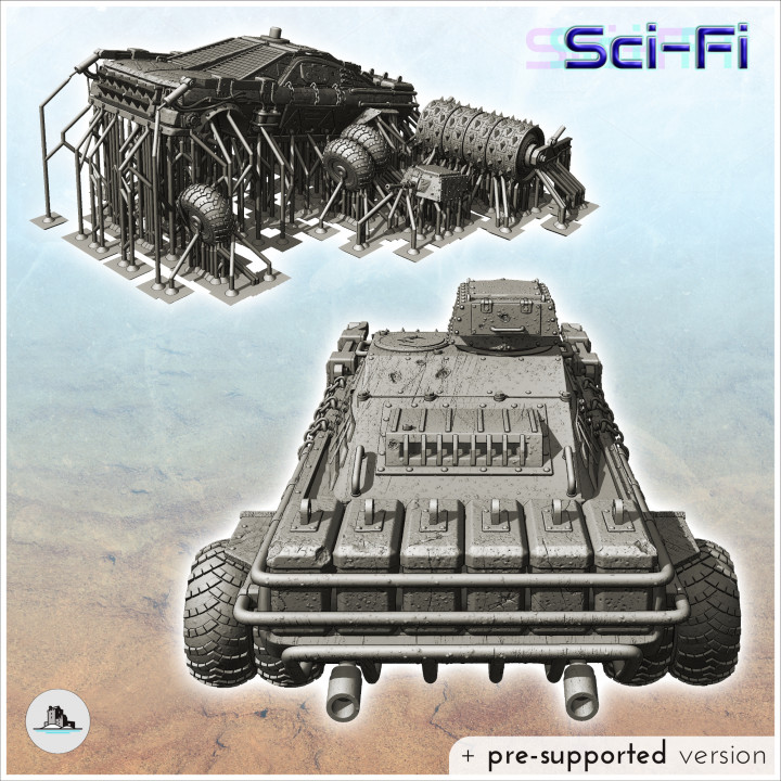 3D Printable Post-apocalyptic car with armed turret and spiked rollers ...