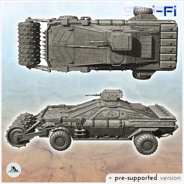 3D Printable Post-apocalyptic car with armed turret and spiked rollers ...