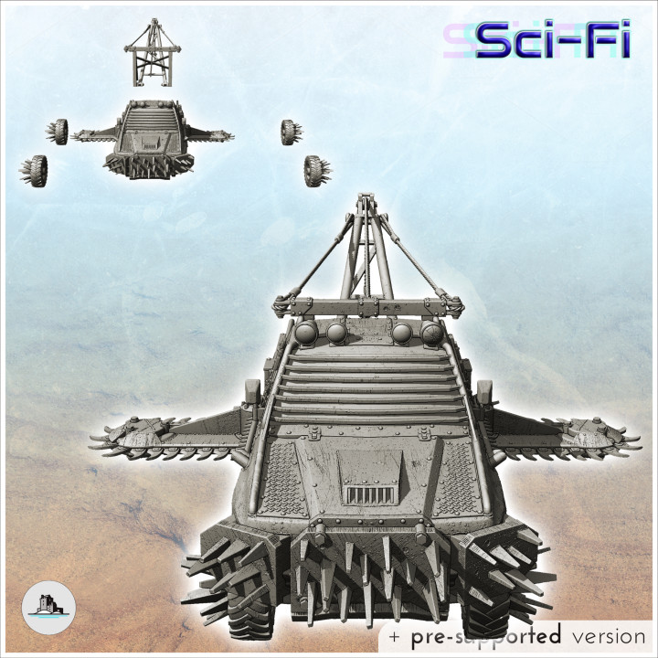 3D Printable Apocalyptic pickup with side saw and lifting crane (21 ...