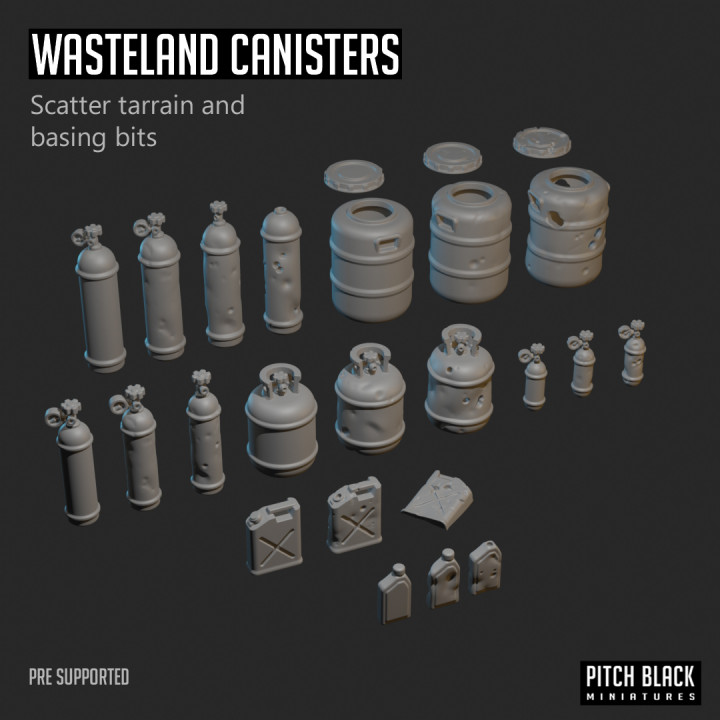 3D Printable Wasteland Canisters by Pitch Black Miniatures