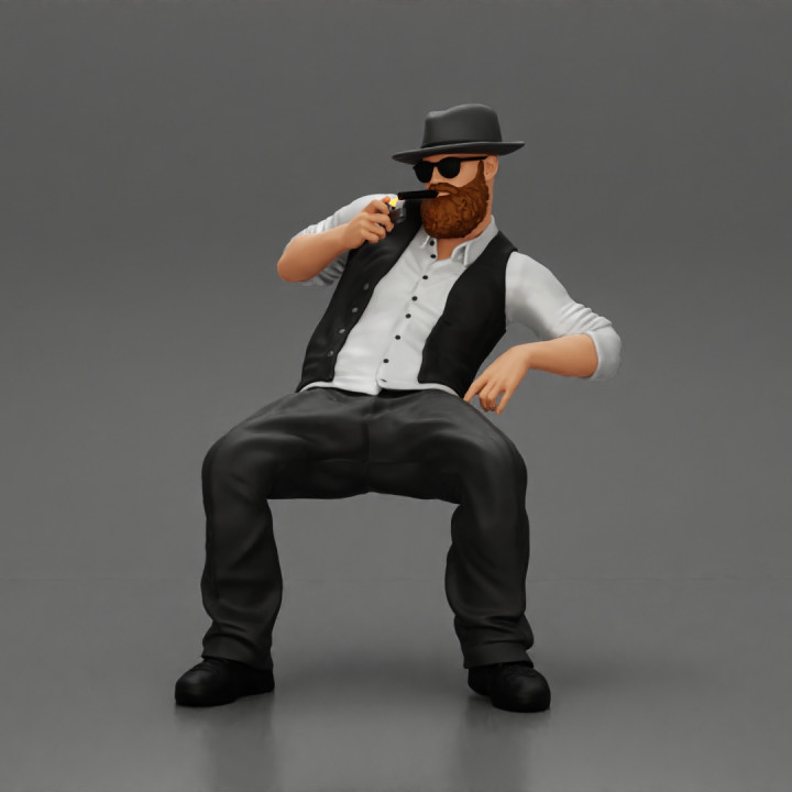 3D Printable gagnster homie in beard and hat sitting holding lighter ...
