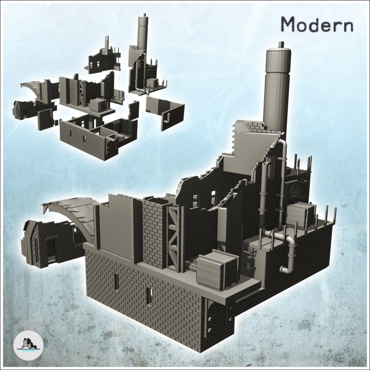 3D Printable Modern brick factory with large chimney and access arch ...