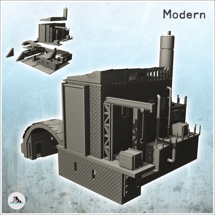 3D Printable Modern brick factory with large chimney and access arch ...