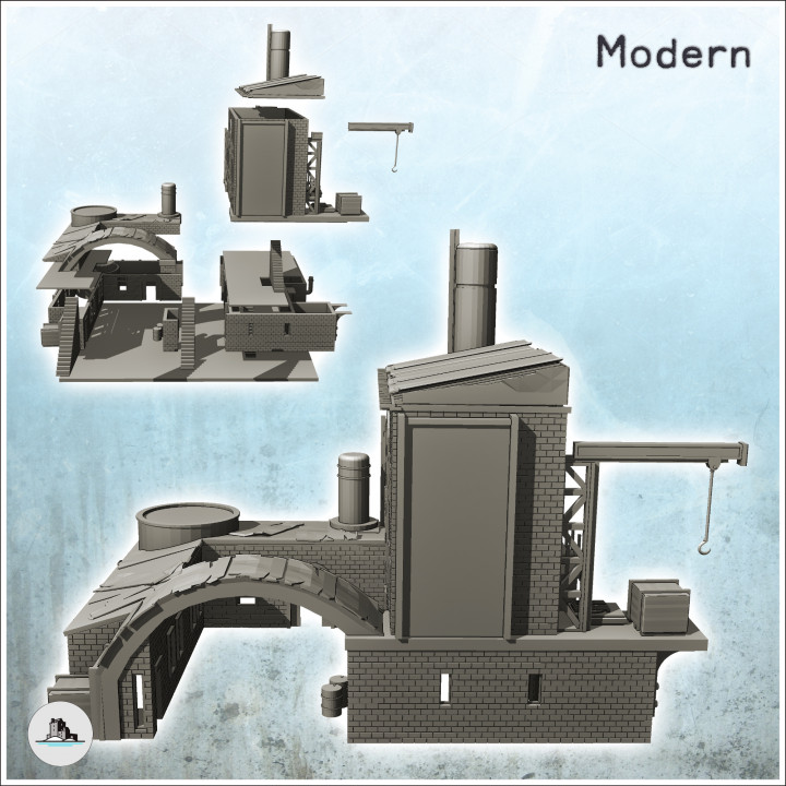 3D Printable Modern brick factory with large chimney and access arch ...