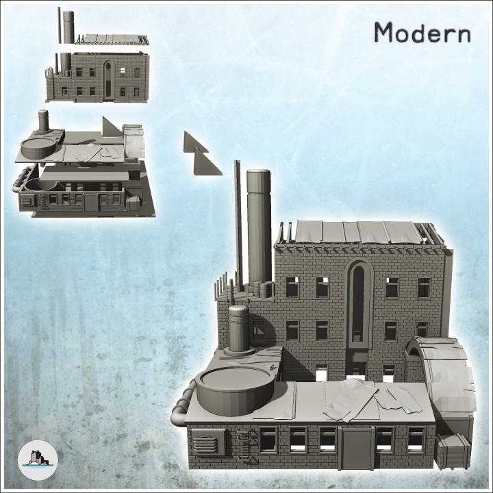 3D Printable Modern brick factory with large chimney and access arch ...