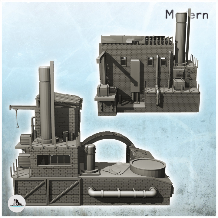 3D Printable Modern brick factory with large chimney and access arch ...