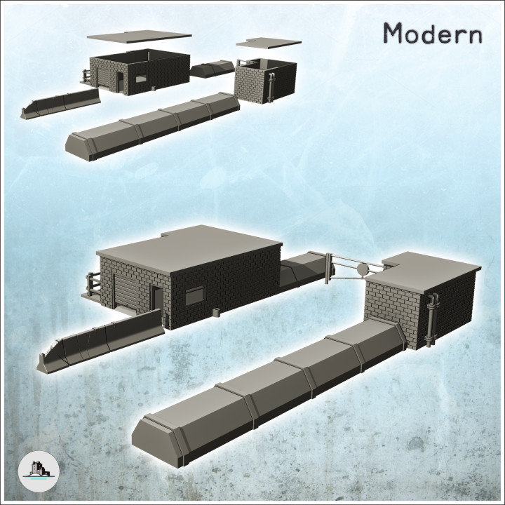 3D Printable Checkpoint with gate, two buildings and concrete parapet ...