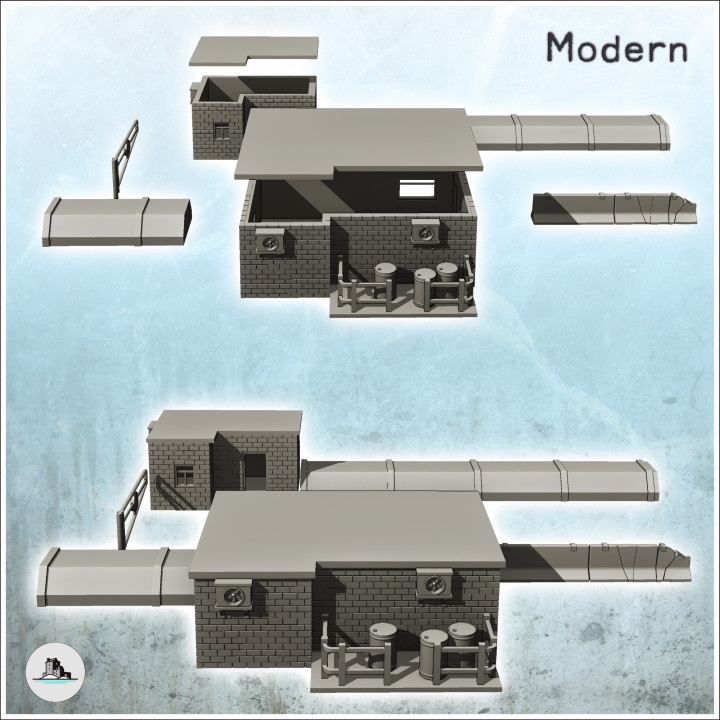3D Printable Checkpoint with gate, two buildings and concrete parapet ...