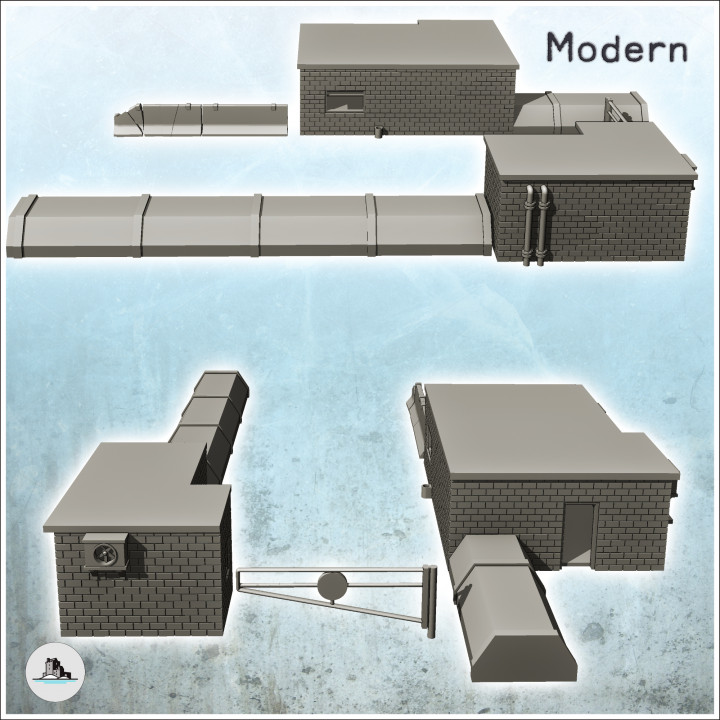 3D Printable Checkpoint with gate, two buildings and concrete parapet ...