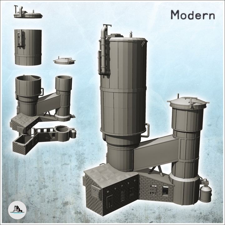 3D Printable Double industrial grain tanks with annex and external pipes (intact version) (12 ...