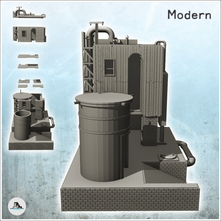 3D Printable Brick industrial plant on platform with auxiliary tank and ...