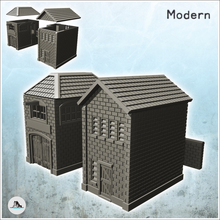 3D Printable Brick industrial buildings with walkway and low wall (23 ...