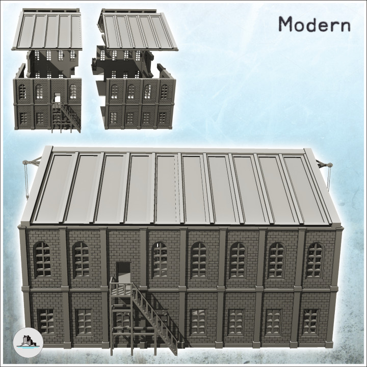 3D Printable Large multi-storey brick industrial warehouse with outdoor ...