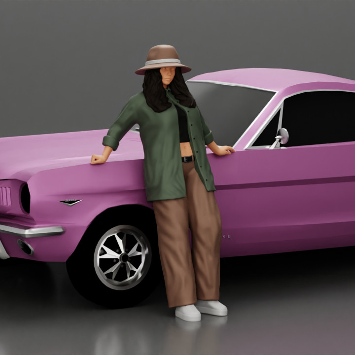 3D Printable lowrider chola girl is leaning against the car, wearing a ...