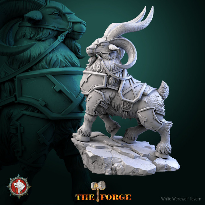 3D Printable Dwarven Armored Goat pre-supported by White Werewolf Tavern