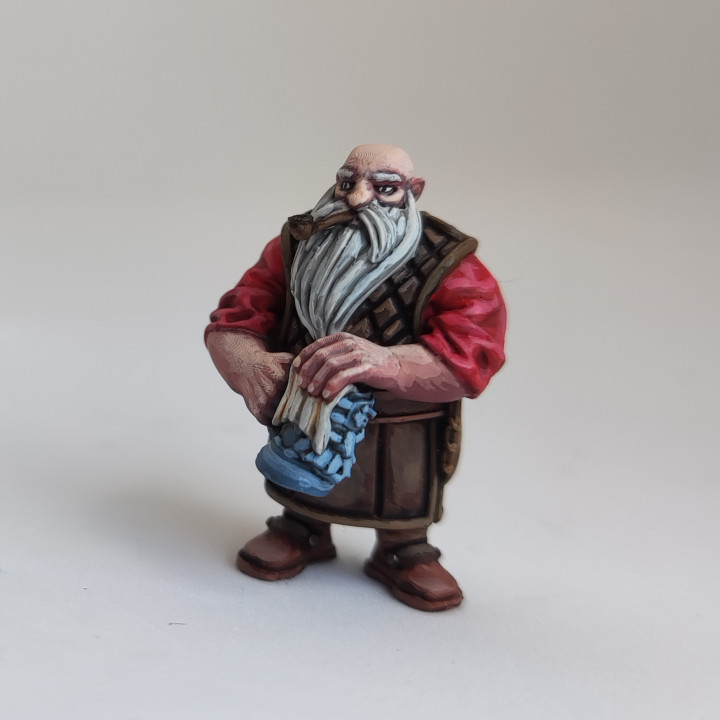 3D Printable Dwarf Tavern keeper by Moonshine Miniatures