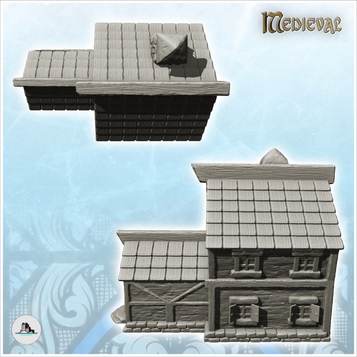 3D Printable Medieval house with long entrance and round dormer (2 ...