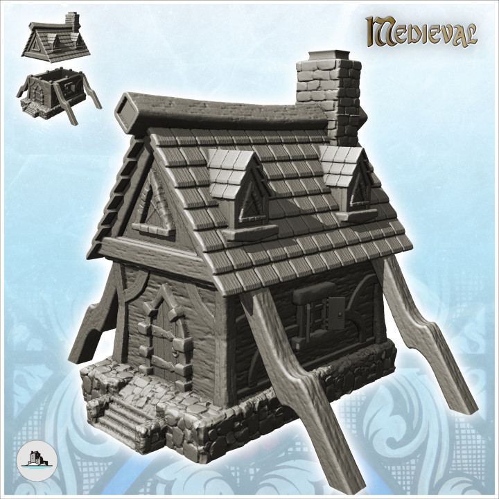 3D Printable Medieval house with wooden buttresses and stone platform ...