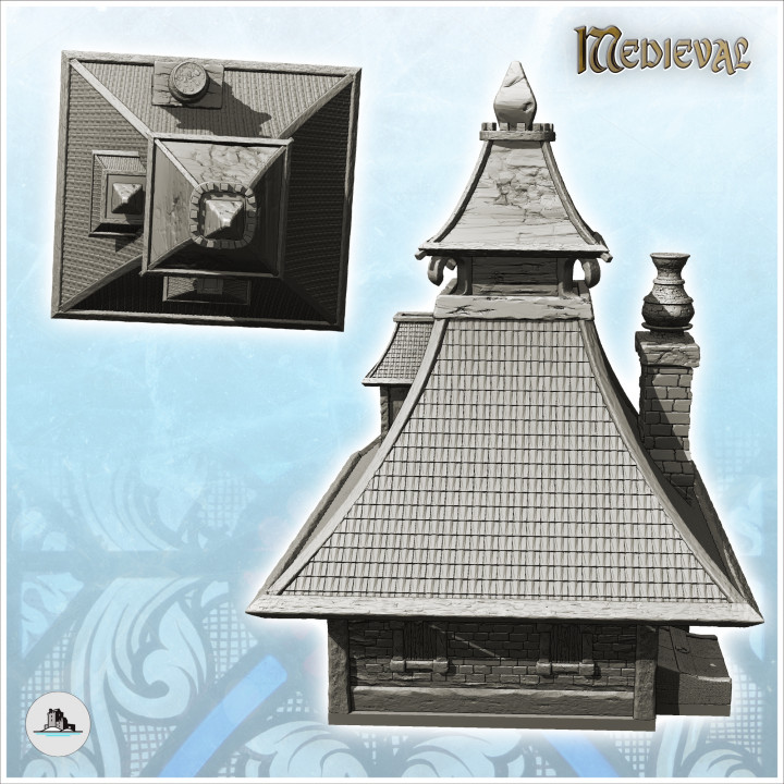 3D Printable Medieval building with large pitched roof topped with a ...
