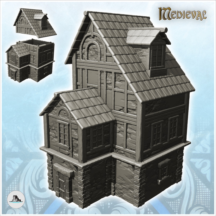 3D Printable Large medieval half-timbered house with roof window (12 ...